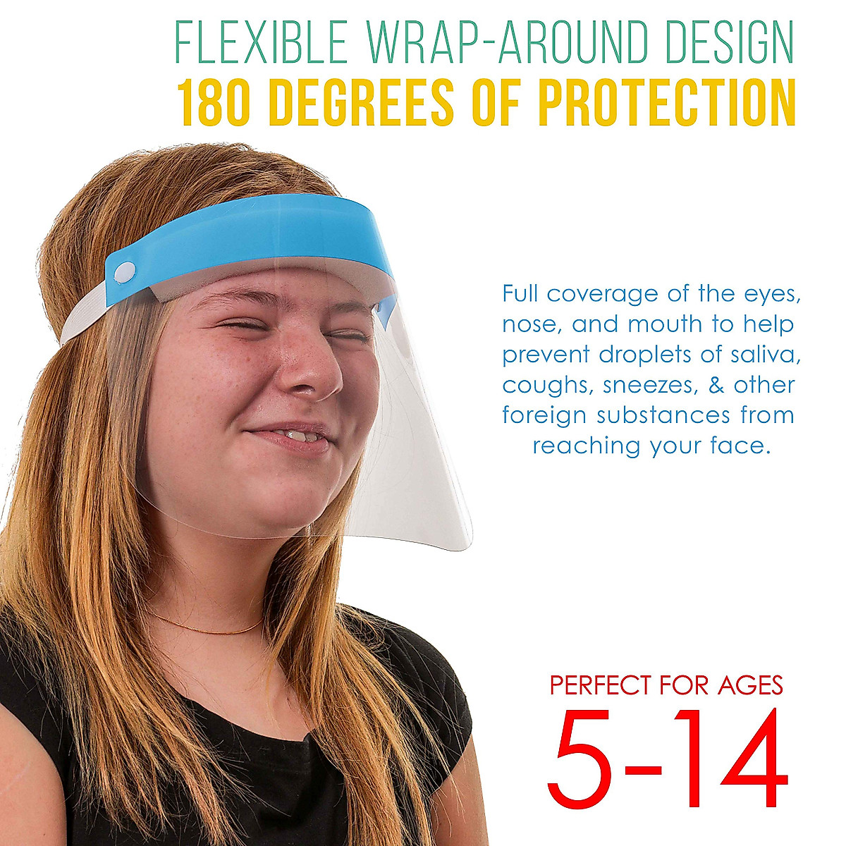 TCP Global Salon World Safety Kids Face Shields (Pack of 10) - 5 Colors, 2 of Each - Clear Protective Children's Full Face Shields to Protect Eyes, Nose, Mouth - Anti-Fog PET Plastic, Elastic Headband