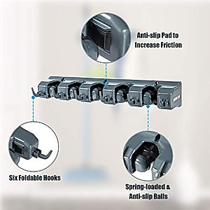 Mayjooy Wall-Mounted Mop Broom Holder, Home Storage Organizer Rack w/5 Positions & 6 Hooks, Hanging Tools Organizer for Garage/Laundry/Home/Kitchen, Utility Storage Rack, Grey