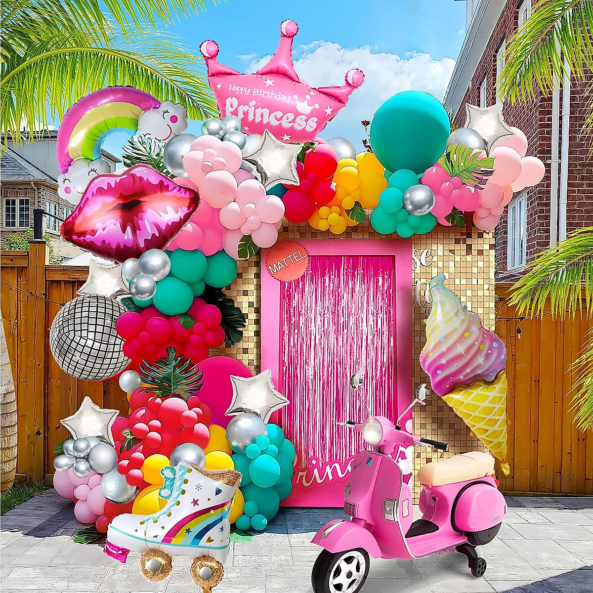 137PCS Pink Teal Balloon Garland Arch Kit with Hot Pink Silver Disco Roller Skate Balloon for Priness Theme Birthday Party Girl Summer by Beach Pool party decorations