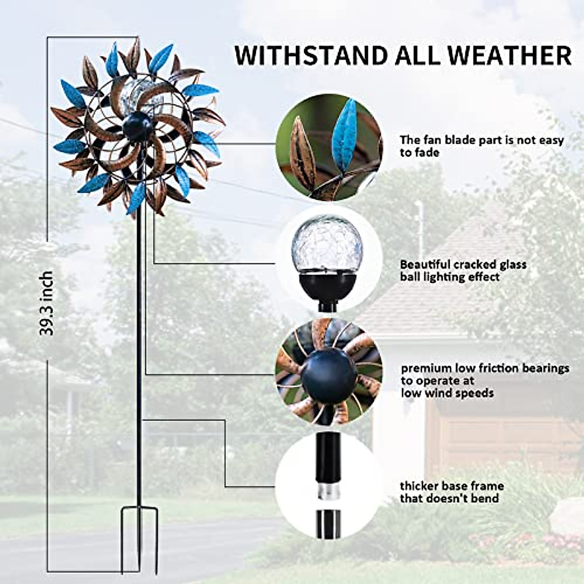Outdoor Metal Stake Yard Spinners, Solar Wind Spinner, Solar Garden Wind Spinners with Light, Multi Color Changing LED Solar Powered Glass Ball, for Outdoor Yard Lawn & Garden