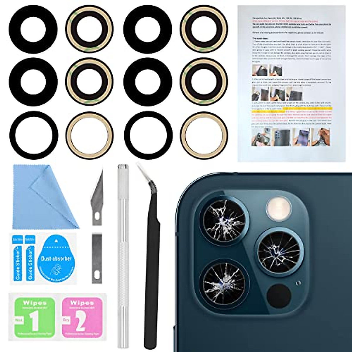 2PCS ASDAWN Back Rear Camera Lens Glass Replacement for iPhone 12 Pro 6.1 Inches with Pre-Installed Adhesive,Back Lens Glass with Installation Manual + Repair Tool Set
