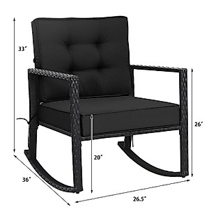 Tangkula Wicker Rocking Chair, Outdoor Glider Rattan Rocker Chair with Heavy-Duty Steel Frame, Patio Wicker Furniture Seat with 5” Thick Cushion for Garden, Porch, Backyard, Poolside (1, Black)