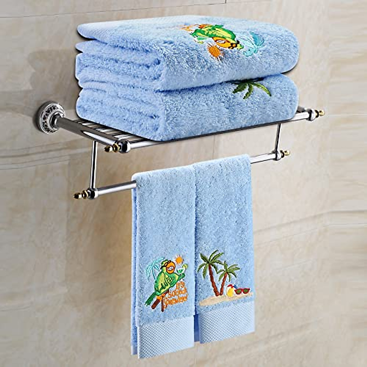 Quera 2 Pack Summer Hand Towels 100 Percent Cotton Embroidered Palm Trees Paradise Beach Decor Parrot Bathroom Decorative Dish Set for Drying, Cleaning, Cooking,, Blue, It's 5 O'CLOCK Somewhere!