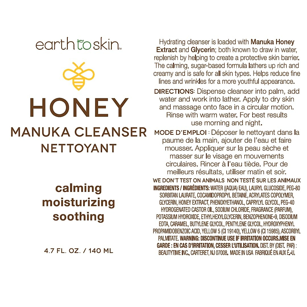 Earth To Skin Honey Manuka Anti-Aging Face Cleanser, Cleanses, Balances & Hydrates, Daily Face Wash for All Skin Types (4.7 Fl Oz)