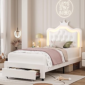 Keyluv Twin Upholstered LED Bed Frame with Storage Drawer, Leather Princess Platform Bed with Adjustable Crystal Button Tufted Crown Headboard, Solid Wooden Slats Support, No Box Spring Needed, White