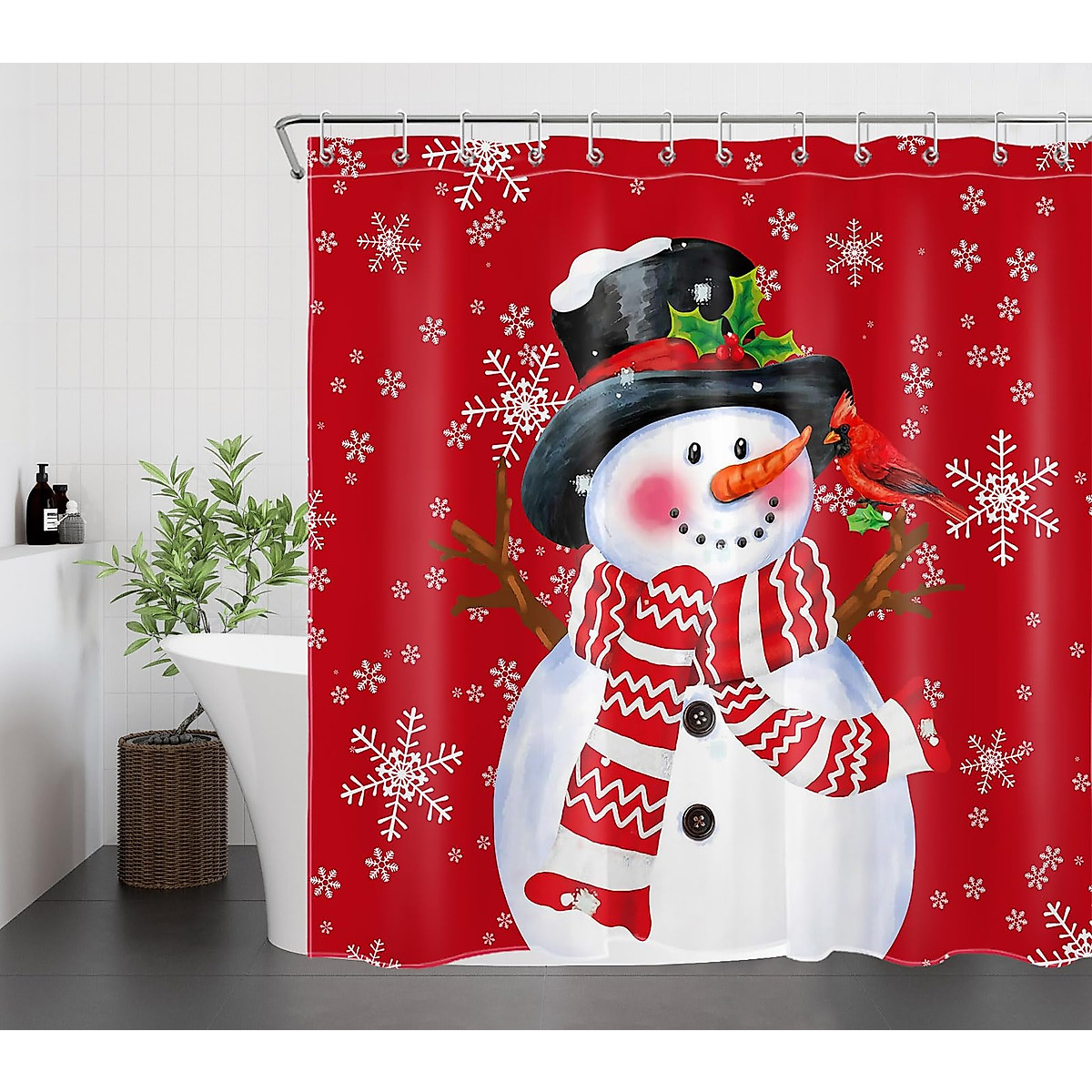 LB Funny Snowman Shower Curtain for Bathroom, Christmas Cardinal with Snowflake on Red Fabric Shower Curtain with Hooks, Winter New Year Holiday Bathroom Curtain Shower Set, 72" W x 72" L
