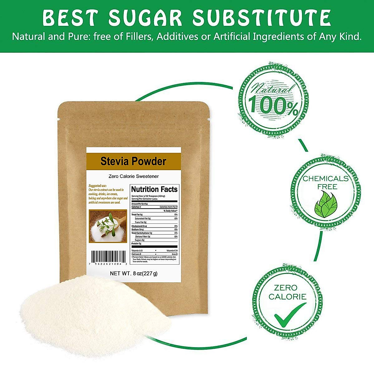 CCnature Stevia Powder Extract Natural Sweetener Zero Calorie Sugar Substitute 8 oz