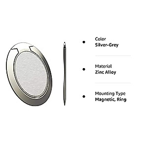 World's Slimmest Phone Ring Holder, Attom Tech Tomorotec Ultra Thin Cell Phone Ring Stand for Magnetic Car Mount Hook Compatible for iPhone Samsung Smartphone Accessories (Silver-Grey)