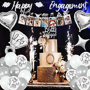 Trgowaul Engagement Wedding Decorations, Silver Happy Engagement Banner with 7PCS Photo Banner for Bridal Shower, Ring Foil Balloon, Just Engaged Cake Topper Bridal Shower Supplies