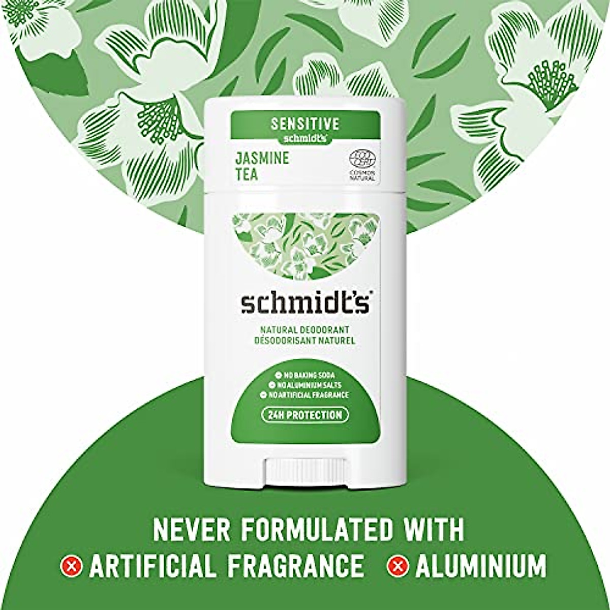 Schmidt's Baking Soda-Free Sensitive Skin Natural Deodorant for Women and Men, Jasmine Tea with 24 Hour Odor Protection, Aluminum Free, Vegan, Cruelty Free, 2.65 Ounce (Pack of 2)