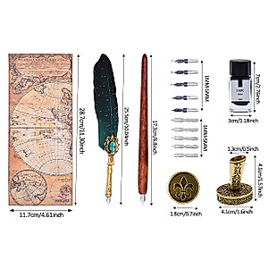 XIAOYU Feather Calligraphy Pen Ink Set, incluedes Quill Pen and Wooden Dip Pen, 10 Replacement Nibs, Ink & Pen Nib Base for Writing, Drawing, Signature, Green