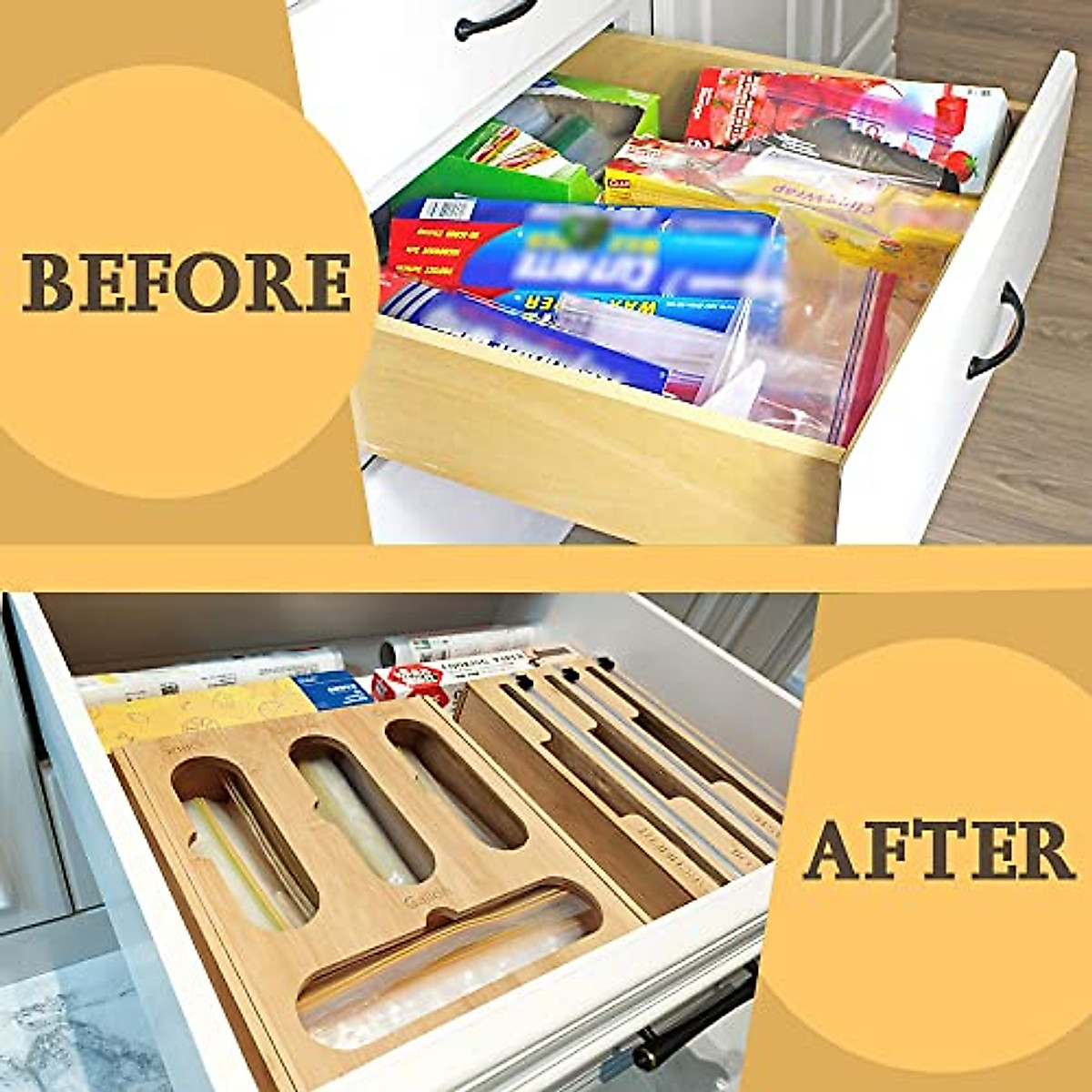 Headley Tools Ziplock Bag Organizer, Bamboo Organizer- Food Bags Container for Kitchen Drawer Baggie Dispenser & Holder Compatible with Gallon, Quart, Sandwich and Snack Variety Size Bag