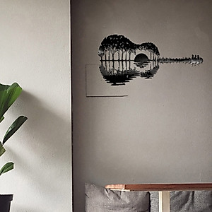 Abstract Guitar Metal Art Ideal Gift for Guitarist, Sunset Guitar Metal Wall Art Hanging Ornament, Metal Guitarist Art Wall Sculptures for Guitar Lover Home Decoration Music Wall Art Decor (Black)