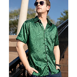 COOFANDY Mens Shirt Summer Beach Dress for Wedding Satin Button Down, 02 Deep Green, XX-Large, Short Sleeve