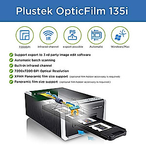 Plustek OpticFilm 135i - Automatic Film & Slide Scanner, Batch converts 35mm Slides & Film Negatives, Support 3rd Party Editing Software Export, Max. 7200 dpi