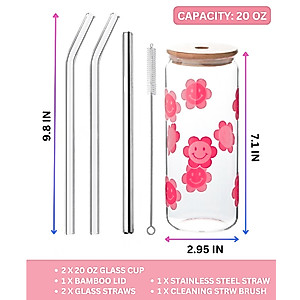 Olvini 20oz Glass Cups with Bamboo Lids and Glass Straws Set of 2 - Can Shaped Drinking Glasses, Cute Iced Coffee Cup, Glass Tumbler, Aesthetic Cups, Smiley Face