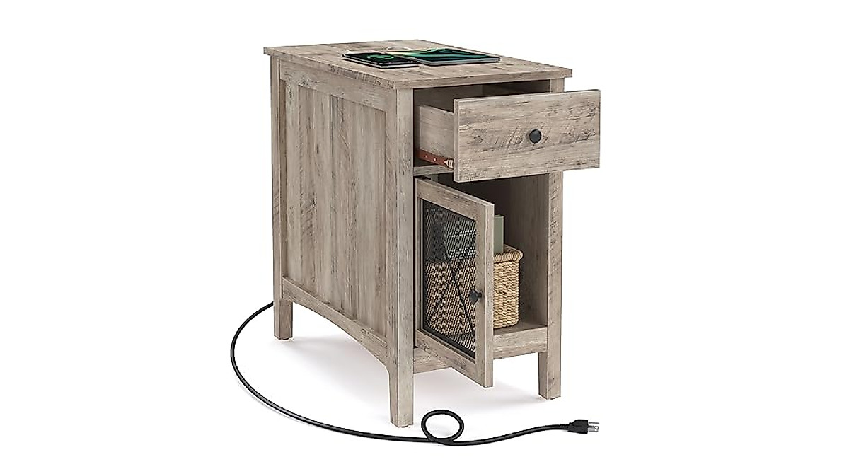 VASAGLE Greige Side Table with USB Ports and Storage
