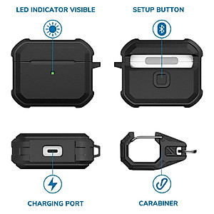 AirPods 3rd Generation Case (2021), Atemto Full-Body Hard Shell Protective Apple AirPods 3 Case Cover Protector with Carabiner Support AirPods Gen 3 Wireless Charging[Front LED Visible], Black