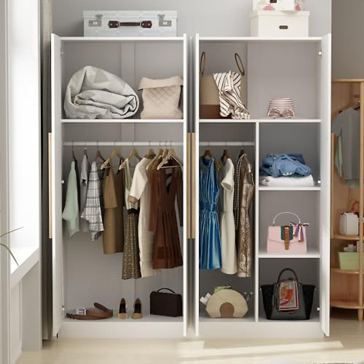 FAMAPY 4 Door Wardrobe Armoires and Wardrobes with Storage Shelevs, Armoire Wardrobe Closet with Hanging Rod, Wooden Handles, Armoire Closet for Bedroom White (63”W x 19.7”D x 70.9”H)