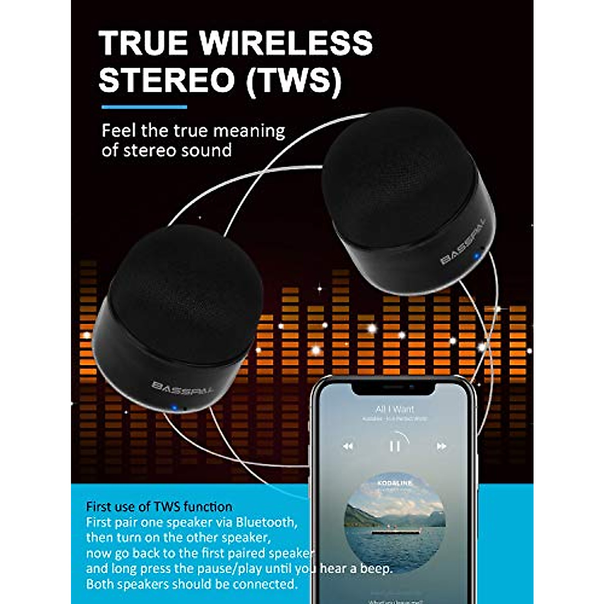 BassPal Portable Bluetooth Speakers, Small True Wireless Stereo (TWS) Speaker with Radio, IPX5 Waterproof, HD Sound & Enhanced Bass, Mini Pocket Size for Home Travel Shower Pool Beach Outdoor-2 Pack