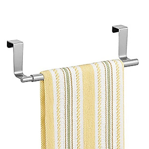 mDesign Adjustable, Expandable Over Kitchen Cabinet Towel Bar Rack - Hang on Inside or Outside of Doors, Hold Hand, Dish, Tea Towels - Customizable to 17" Wide, Omni Collection - Chrome
