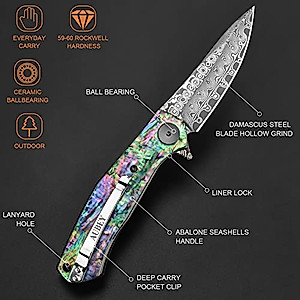 AUBEY Damascus Pocket Knife for Men Women, 3.23 inch Blade of EDC Hunting Knives with Abalone Shell Handle, Ball Bearing, Liner Lock - Sharp Damascus Steel Knife with Clip, Gift for Camping