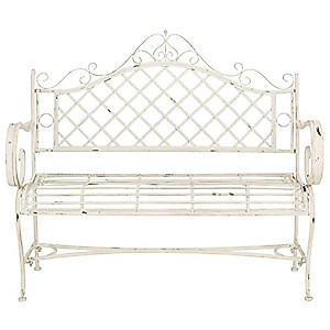 Safavieh PAT5017A Collection Adina Antique White Wrought Iron 51.25" Outdoor Garden Bench