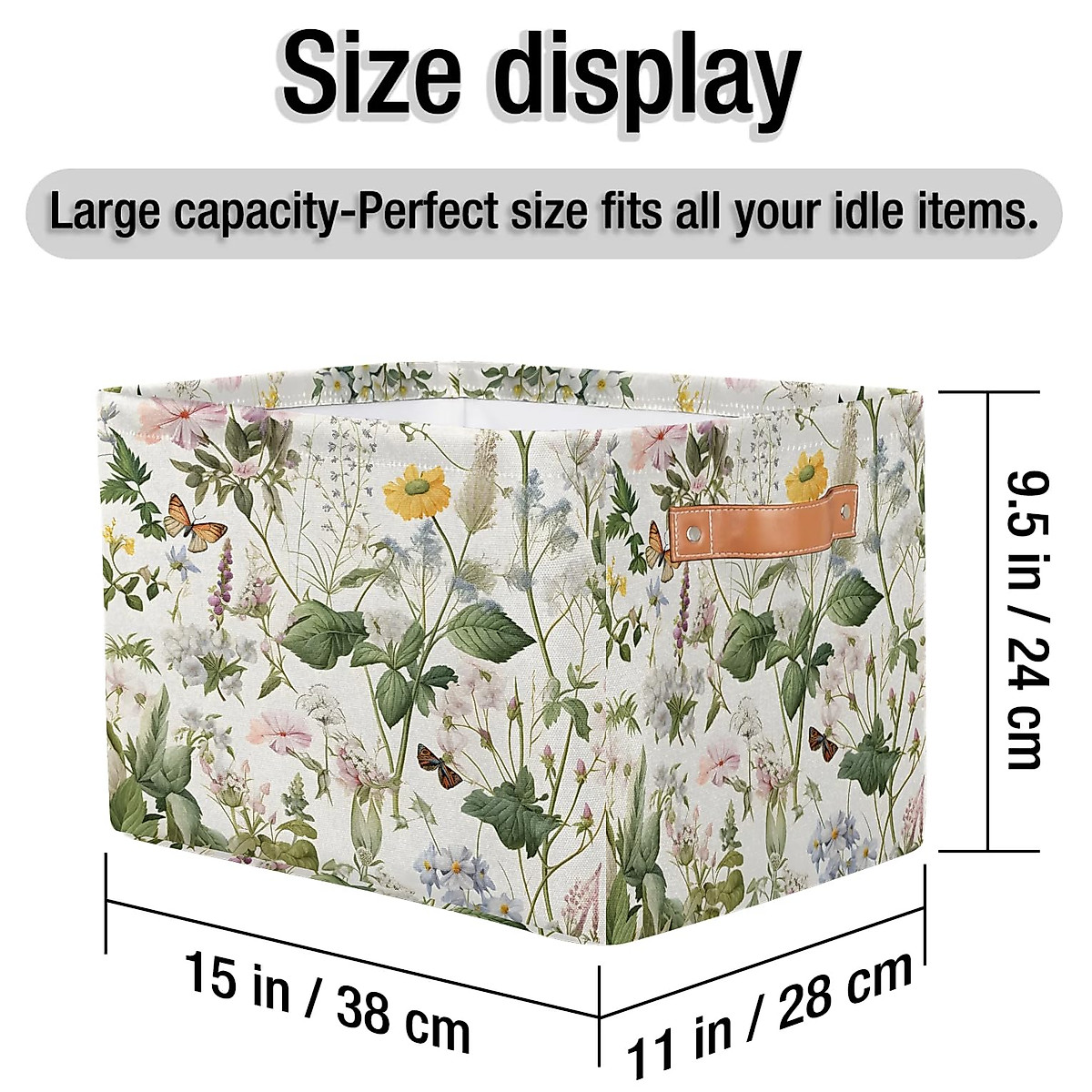 Bardic Large Foldable Storage Baskets with Handles, Wild Floral Fabric Collapsible Storage Bin Organizer Bag for Girls Storage Toy Home Pet Closets Offices Bedrooms
