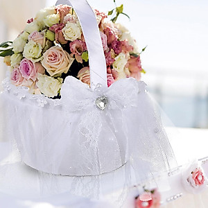 Abaodam White Hamper White Basket Flower Girl Baskets Lace Bridal Basket White Flower Basket Lace Satin Basket Pendant Drill Flower Girl Baskets for Weddings Baskert for Wedding Wedding Basket White