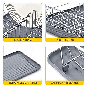 TOOLF Dish Rack, Large Capacity, Dish Drying Rack with Cutlery Holder, Removable Drip Tray, Cup Holder, Compact Kitchen Drainers for Countertop, Grey