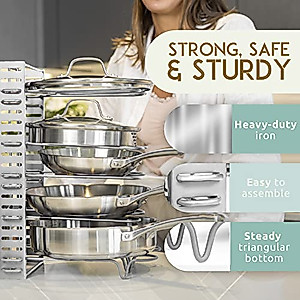 GeekDigg Pot Rack Organizer, Adjustable Height and Position Pots and Pan Rack, Kitchen Counter and Cabinet Pan Organizer Shelf Rack/Pot Lid Holder with 3 DIY Methods - Silver