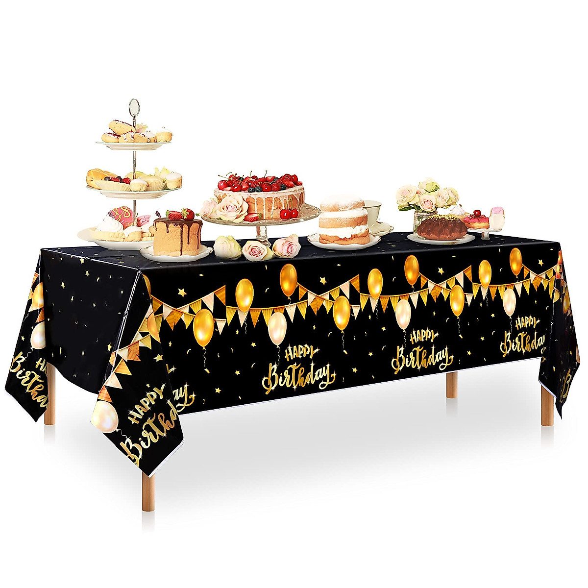 FZR Legend Happy Birthday Tablecloth, Plastic Tablecloth with Gold Stars Plastic Table Cover Disposable Black Tablecloth for 90th 80th 70th 60th 50th 40th 30th Birthday Party Decoration - 54" x 108"