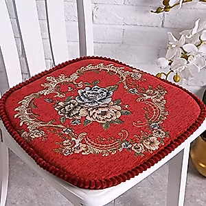 Happiness Decoration Chair Cushion Covers with Ties for Dining Chair Pads Set of 4 Linen Thick Non Slip U Shaped Seat Cushions for Kitchen Living Room Office Chair Decor Washable 17"x 16" (Red A, 4)