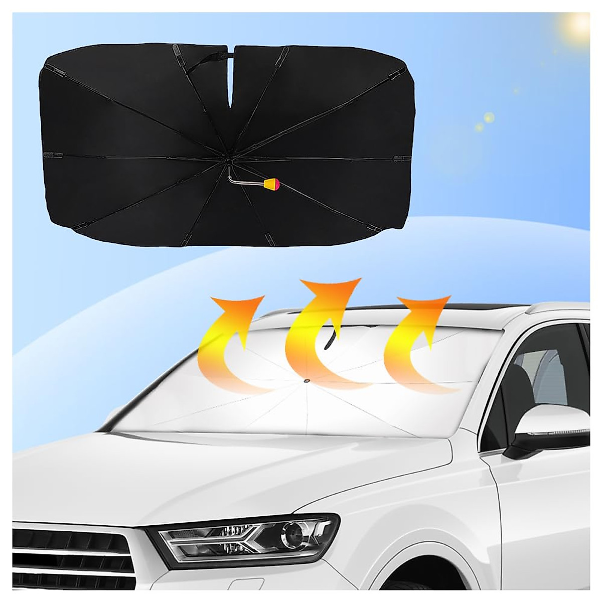 SSNNUU 2023 New Upgrade Car Windshield Sunshade Umbrella,Opening Design Foldable Protection Automotive Interior and Keep Cool,UV Protection fit Napping Car Accessories (Upgraded Adjustable Handle)