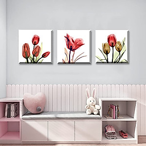 Red Tulip Wall Art Prints - Plant Paintings Decor for Kitchen Natural Style Flowers Canvas Pictures Artwork for Living Room Bathroom Teens Bedroom Home Decoration Framed 12 x 12 Inches Ready to Hang
