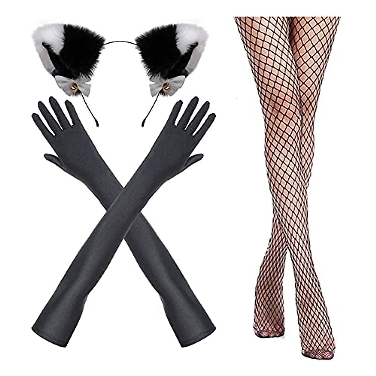 Womens Bunny Girl Suit Button Crotch Romper Onesie Bodysuit Cosplay Costume Furry Cat Ear Gloves Socks Set(Black 4XL)