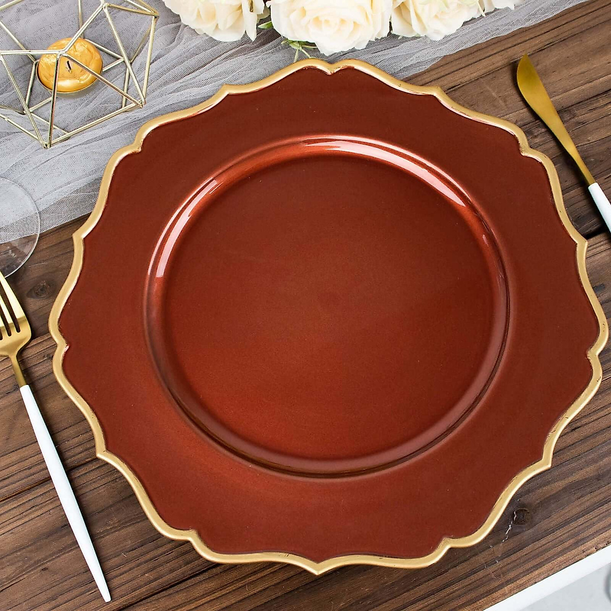 Efavormart 6 Pack | Terracotta & Gold 13" Round Scallop Rim Plastic Charger Plates, Tabletop Dinnerware Decor