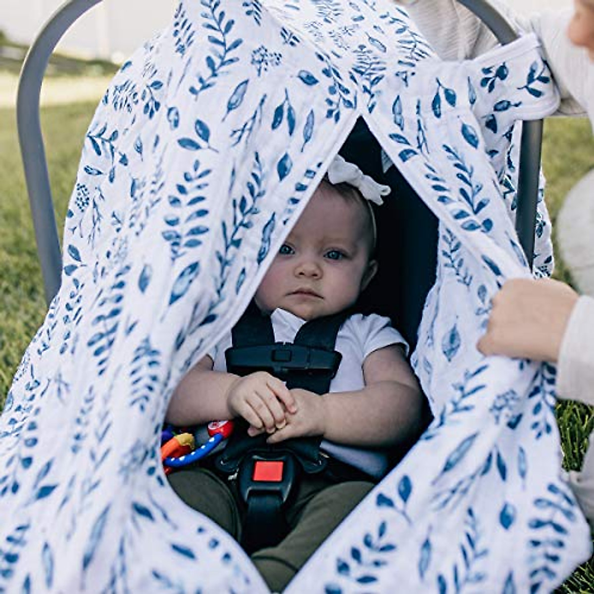 Bebe au Lait Classic Muslin Car Seat Cover, Easy Snap Straps, Fully Zippered Opening - Blue Leaves