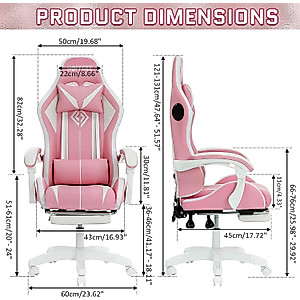 HOFFREE Pink Gaming Chair with Bluetooth Speakers and LED RGB Lights Cute Ergonomic Massage Computer Gaming Chair with Footrest High Back Video Game Chair with Lumbar Support Pink and White