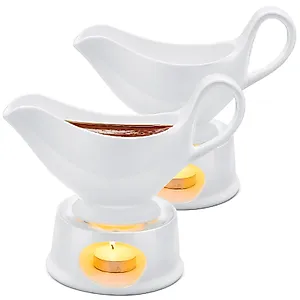 Sliner 2 Sets Gravy Boat with Stand and Candle, Ceramic Sauce Boat 15.5 oz Porcelain Sauce Boat with Butter Warmers for Seafood, White Boat Hot Sauce Warmer for Daily Meal, Party Supplies