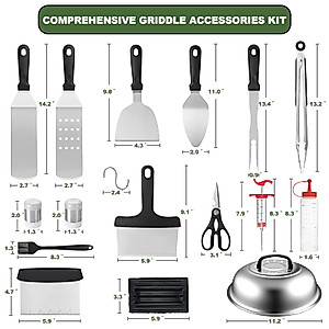 Griddle Accessories Kit, 29PCS Flat Top Grill Accessories Set for Blackstone and Camp Chef, Grill Spatula Set with Enlarged Spatulas, Basting Cover, Scraper, Tongs for Outdoor BBQ with Meat Injector