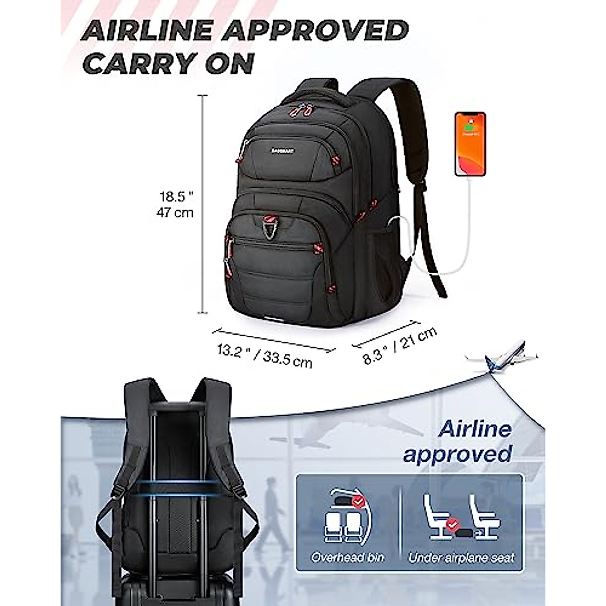 BAGSMART Travel Laptop Backpack Men Women, Extra Large Work 17.3 Inch Computer Backpack Airline Approved Carry On with Water-Repellent, Charging Hole, for Business Work College Hiking Weekender, Black