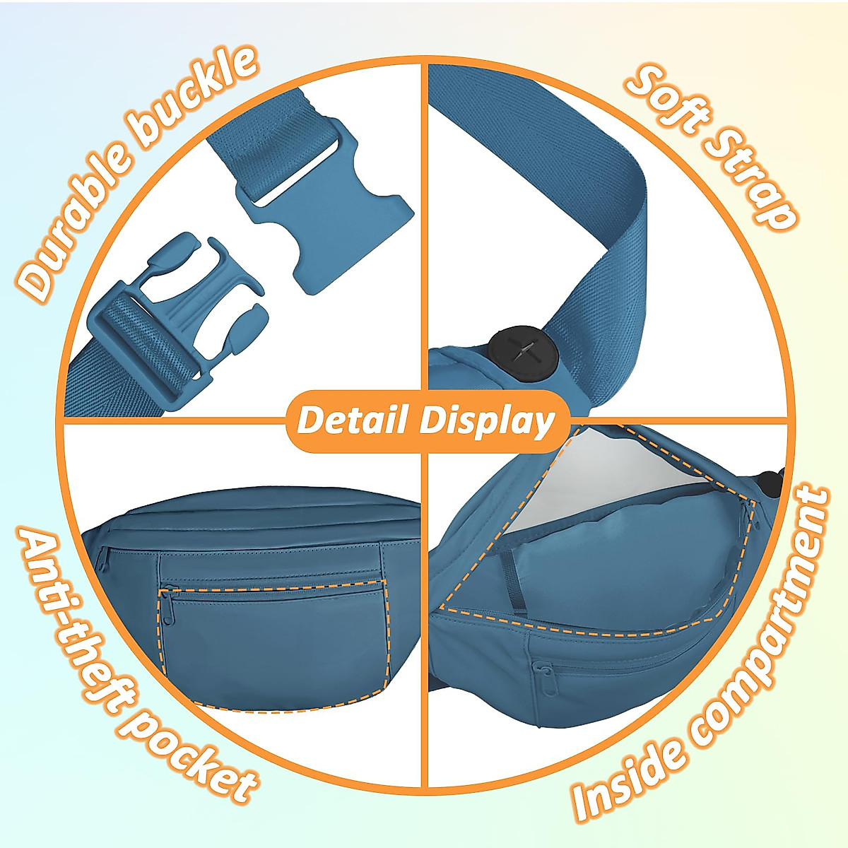 Yamdeg Small Crossbody Fanny Pack With 3 Zippers, 3 Pockets Fanny Pack For Women Gifts, Anti Theft Waist Bag For Travel With Mini Waterproof Bag, Slim Belt Bag For Sports Running, Bum Bag Lake Blue