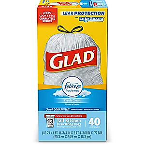 Glad OdorShield Tall Kitchen Drawstring Trash Bags, Fresh Clean, 13 Gallon, 40 Count (Packaging May Vary)