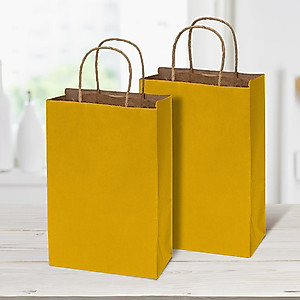 Yellow Gift Bags - 6x3x9 Inch 50 Pack Mustard Kraft Paper Shopping Bags with Handles, Small Craft Totes in Bulk for Boutiques, Small Business, Retail Stores, Birthday Parties, Jewelry, Merchandise, Bulk