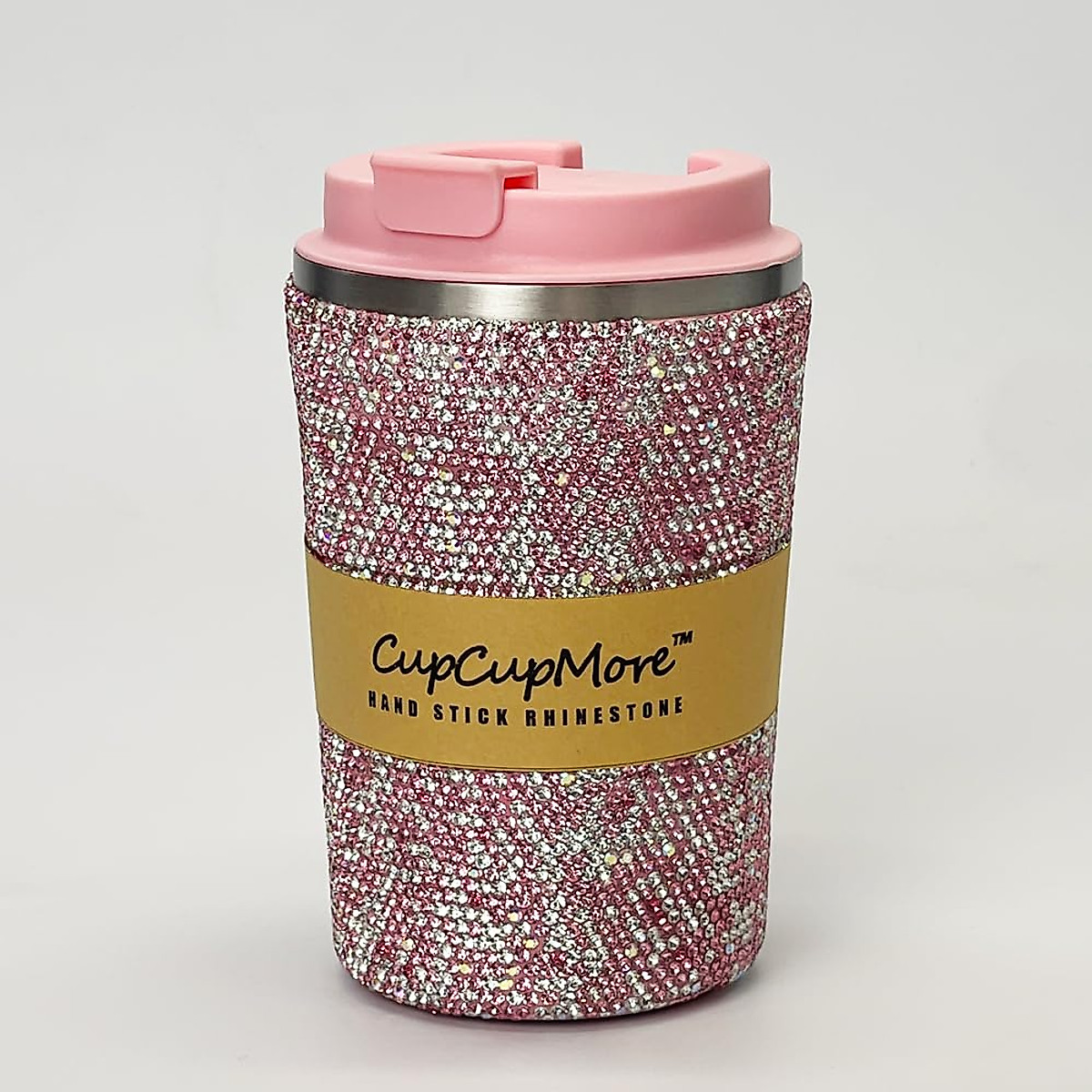 Cupcupmore 12 oz Bling Pink&White Rhinestone Stainless Steel Coffee Tumbler,Shiny Travel Insulated Coffee Mug with Lid, Reusable Spill Proof Coffee Cup,Portable Thermal Mug for Hot and Cold