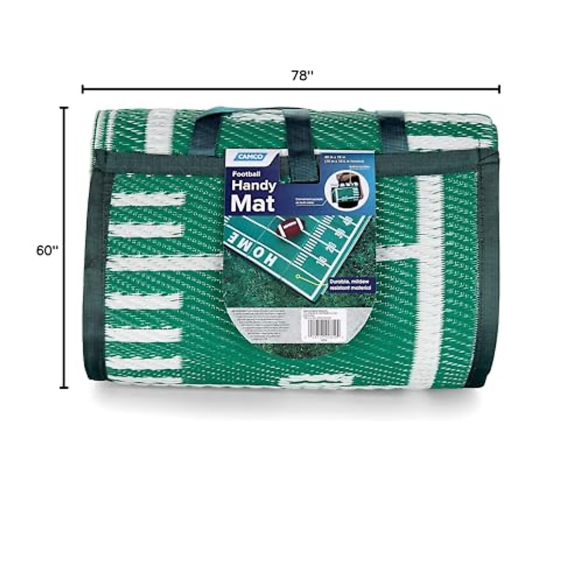 Camco 5'x 6-1/2' Handy Mat with Strap | Ideal for picnics, Beaches, RVing and outings | Weather-Proof | Football Field Print (42819)