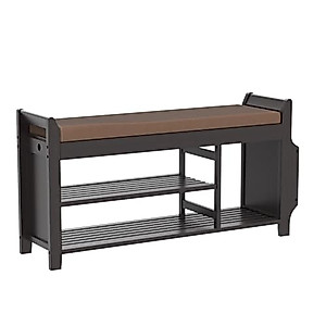 Bamboo Shoe Bench Entryway with Storage,FURFIMU Entryway Bench, Bench with Storage Basket,Bamboo Bench Removable Brown Cushion,2-Tier Entryway Shoe Storage with Umbrella Stand,Living Room or Hallway-L