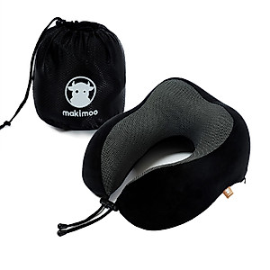 Makimoo Memory Foam Travel Pillow, Neck Pillow with 360-Degree Head Support, Comfortable and Lightweight, Ideal for Sleeping on Airplane, Car, Train, Bus and Home Use, Comes with Storage Bag (Black)