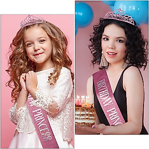 CIEHER Pink Princess Birthday Crown and Birthday Sash Set, Birthday Girl Crown Birthday Tiara for Women Birthday Decorations for Girls Rhinestone Princess Party Decorations Birthday Gifts